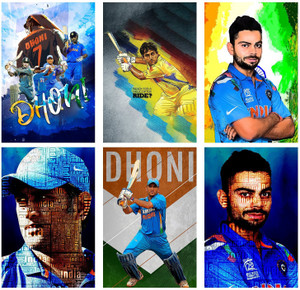 Set of 6 posters rolled in a tube with M.S Dhoni collage design and M.S ...