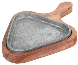 Zahuu Triangle Shape Cast Iron Sizzler Plate and Wooden Stand Sizzler ...