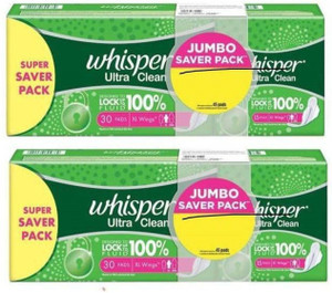 Whisper Ultra Clean jumbo Saver Pack(45+45) Pad Sanitary Pad (Pack of 2 ...