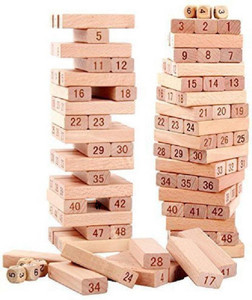 KRISHNA 54 Pcs Blocks 4 Dices Wooden Tumbling Stacking Jenga Tower Game ...