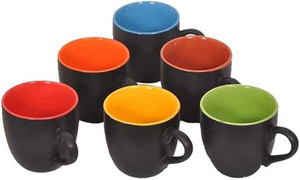 Funtastik Pack of 6 Ceramic MATTE BLACK & Multicolor Inside Tea Cups ...