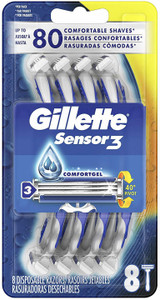 Gillette Sensor3 Men's Disposable Razor, 8 Count, Mens Razors / Blades ...