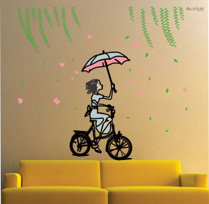 Sticker Hub 100 cm Creatick Situdio cycling girl with umbrella Wall ...
