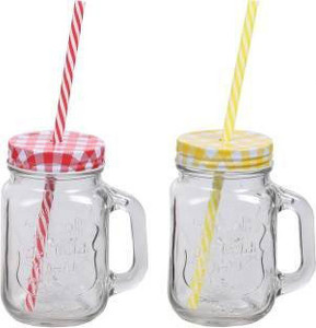 Radha Krishna Enterprise Glass Jars with Handle and Straw, 450ml Glass ...