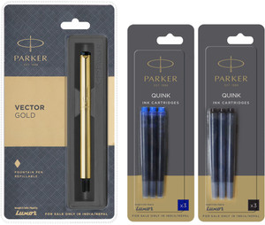 PARKER Vector Gold GT Fountain Pen with 3 Blue and 3 Black Quink Ink ...