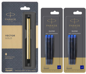 PARKER Vector Gold GT Fountain Pen with 6 Blue Quink Ink Cartridge ...