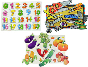 HNT wooden pegged Number Vegetable and tool inset puzzle - wooden ...