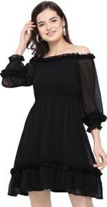Fbella Women Fit and Flare Black Above Knee/Mid Thigh Length Dress ...