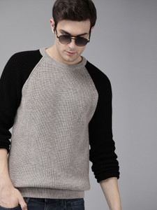 Roadster Self Design Round Neck Casual Men Black, Grey Sweater - Buy ...