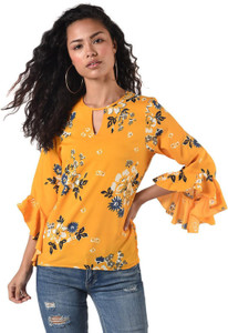 D'amor Casual Bell Sleeve Floral Print Women Yellow Top - Buy D'amor ...