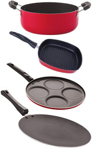 NIRLON Aluminium Nonstick Cooking Pots & Pans 4 Pieces Set, Red ...