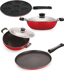 NIRLON Nirlon Non-Stick Two Set of Tawa and Kadais Combo Set with Lid ...