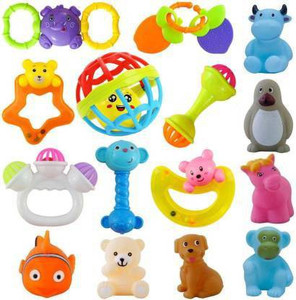 shreeji market 15 Pcs Set of Rattles, Teethers and Animal Shape Bath ...