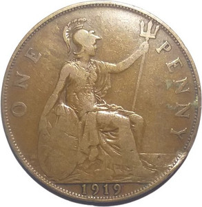 NAVAM EXTREMELY RARE ONE PENNY 1919 GEORGIVS V DEI GRA:BRITT:REX FID ...