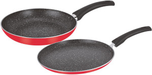 WELLBERG Granito Press Aluminium Tawa and Frypan Cookware Set, Red ...