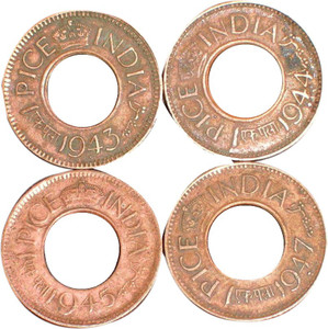PMW 1943 - 1944 -1945 & 1947 ONE Pice Hole Copper Coin - Total 4 Coins ...