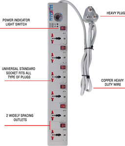 MX 6 Universal Socket Surge Protector SPIKE SUPPRESSOR WITH INDIVIDUAL ...