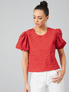 ATHENA Casual Puff Sleeve Self Design Women Red Top - Buy ATHENA Casual ...