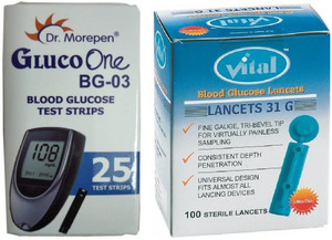 Dr. Morepen BG-03 25 Test Strips With Vital Round Glucometer Lancets ...