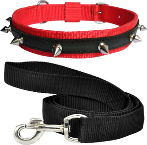PEDIGONE Dog Belt Combo of 1 inch Red Spike Collar with Black Leash ...