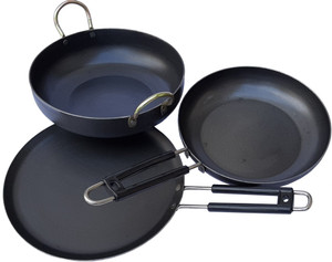 Navghar INDIAN Iron cookware combo Dosa 25cm Dia + Fry Pan 23 cm+Kadahi ...