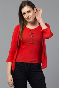 LOUSRICS Casual 3/4 Sleeve Solid Women Red Top - Buy LOUSRICS Casual 3/ ...