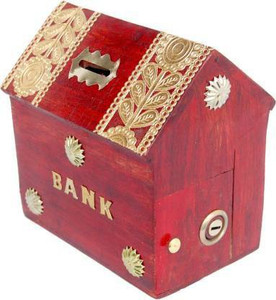 Smarts collection Wooden red colour hut shape coin bank with 1 lock and ...