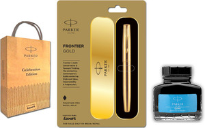 PARKER Frontier Gold Fountain Pen with Quink Bottled Ink Port and Gift ...