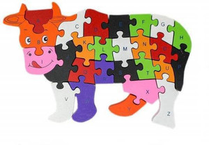 QWICK CLICK Jigsaw Puzzle 3D Blocks for Wooden Cow with A - Z Alphabet ...