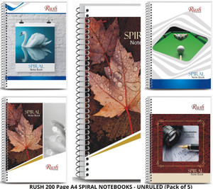 Rush Spiral Notebook Unruled 200 Pages A4 Size Notebook (Pack of 5 ...
