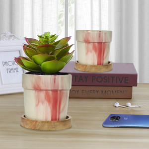 Lasaki Lyla Pastel Red Ceramic Pot with Wooden Plate (WP4.5) for Indoor ...