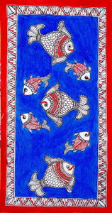 MITHILA HUNAR MADHUBANI PAINTING FISHES IN WATER Acrylic 15 inch x 7.9 ...