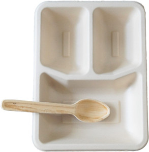 Vissage Ecofriendly 3 Compartment Disposable Meal Tray with Leaf Spoons ...