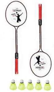 ULTRON Double Shaft Iron Body Badminton Racket Pack Of 2 Piece With 5 ...