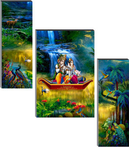 Set of 3 Shree Krishna Radha Sitting On Boat Water Fall UV Coated Home ...