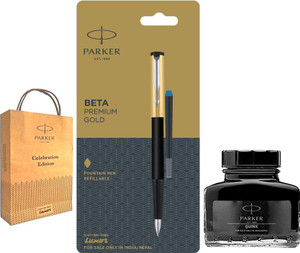 PARKER Beta Premium Gold Fountain Pen with Black Quink Ink Bottle and ...