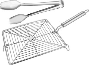 KOWS SS Pipe Square Roaster 10" with Plain Tong Steel Cooking Tong 7.5 ...