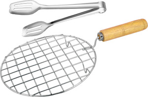 KOWS SS Round Wooden Handle Roaster 10" with Salad Tong Steel Cooking ...