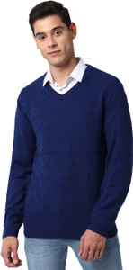 PETER ENGLAND Self Design V Neck Casual Men Blue Sweater - Buy PETER ...