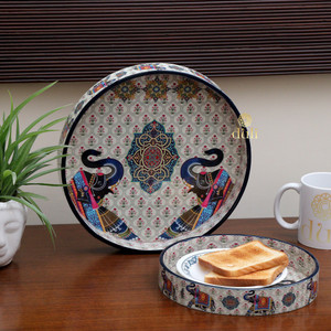 DULI Designer Printed Wooden Round Serving Trays| Set of 2 Trays ...