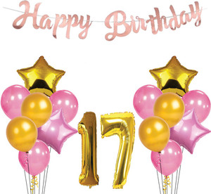 CONGOPARTY Pink & Rose Gold Cursive 17th Happy Birthday Balloons ...
