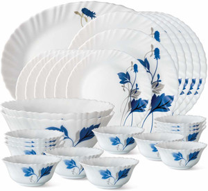 Larah by Borosil Pack of 27 Opalware Fluted Opalware Dinner Set stylish ...