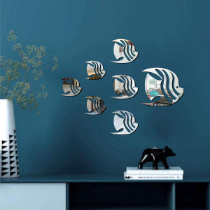 TrendyKArt 20 cm 7 Fish Aquarium Silver 3D Acrylic Mirror Wall Sticker ...
