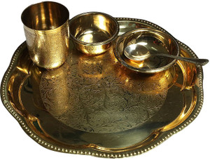 Garvi Gurjari Brass Metal Crafted Dinner Plate/Thali Set (Flower Design ...