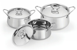 PRABHA Stainless Steel 3 Pcs Handi Set with Lid & Stay Cool Steel ...