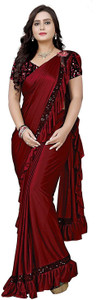 Buy Moonlight Solid/Plain Bollywood Lycra Blend Maroon Sarees Online ...