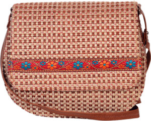 BATUTA HUB Gold, Brown Sling Bag Box shap jute sling bag Gold, Brown ...