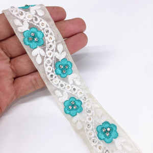 Lami 9 Meter Light Blue Flower Design White Embroidery Lace with ...