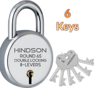 HINDSON Lock with 6 Keys Steel Round 65mm, 8 Levers, Silver Finish ...