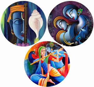CVANU Round Shape Lord Krishna And Radha Wooden Print Art MDF 3 pcs For ...